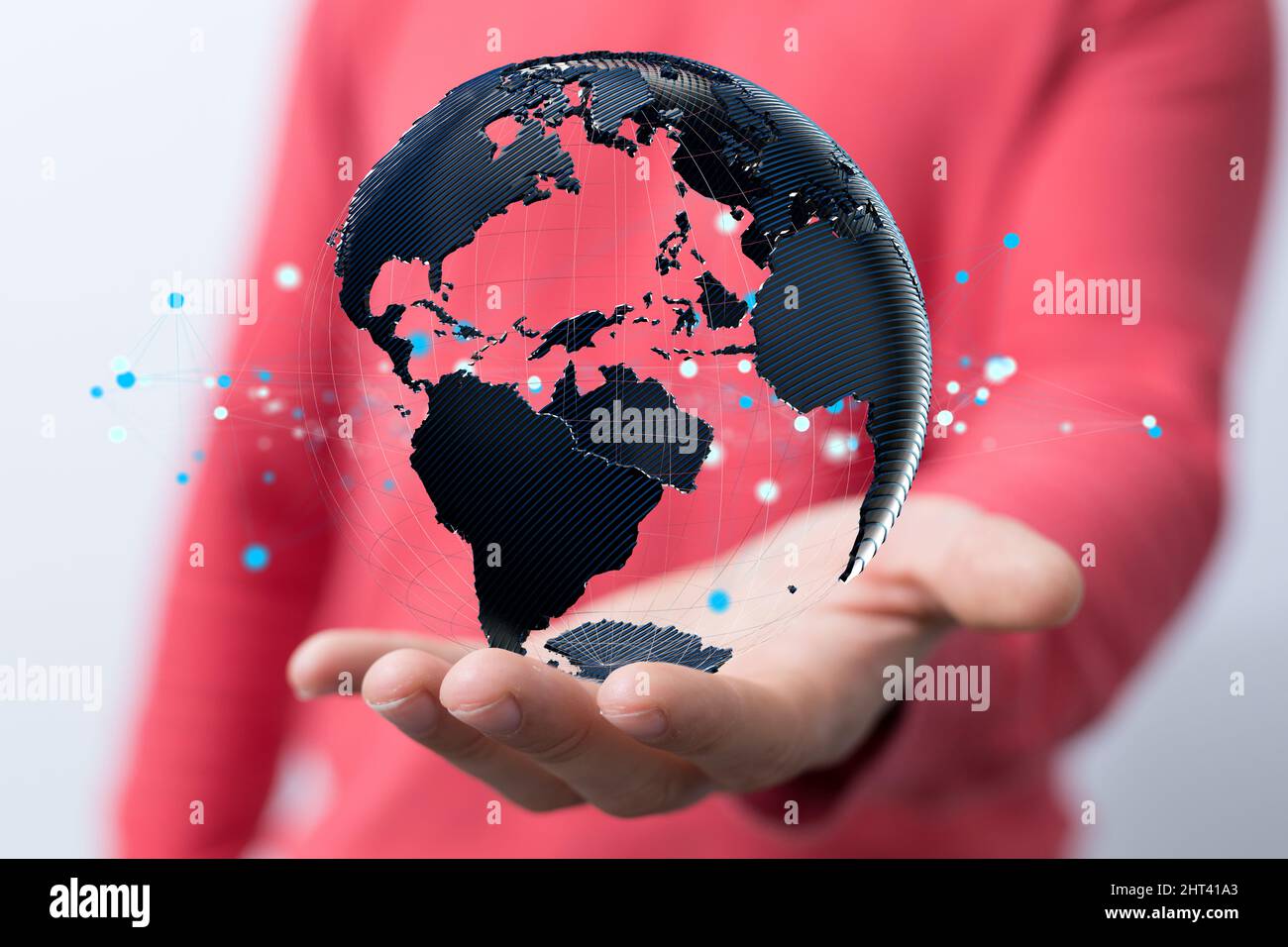 Person presenting the virtual projection of the world map with ...