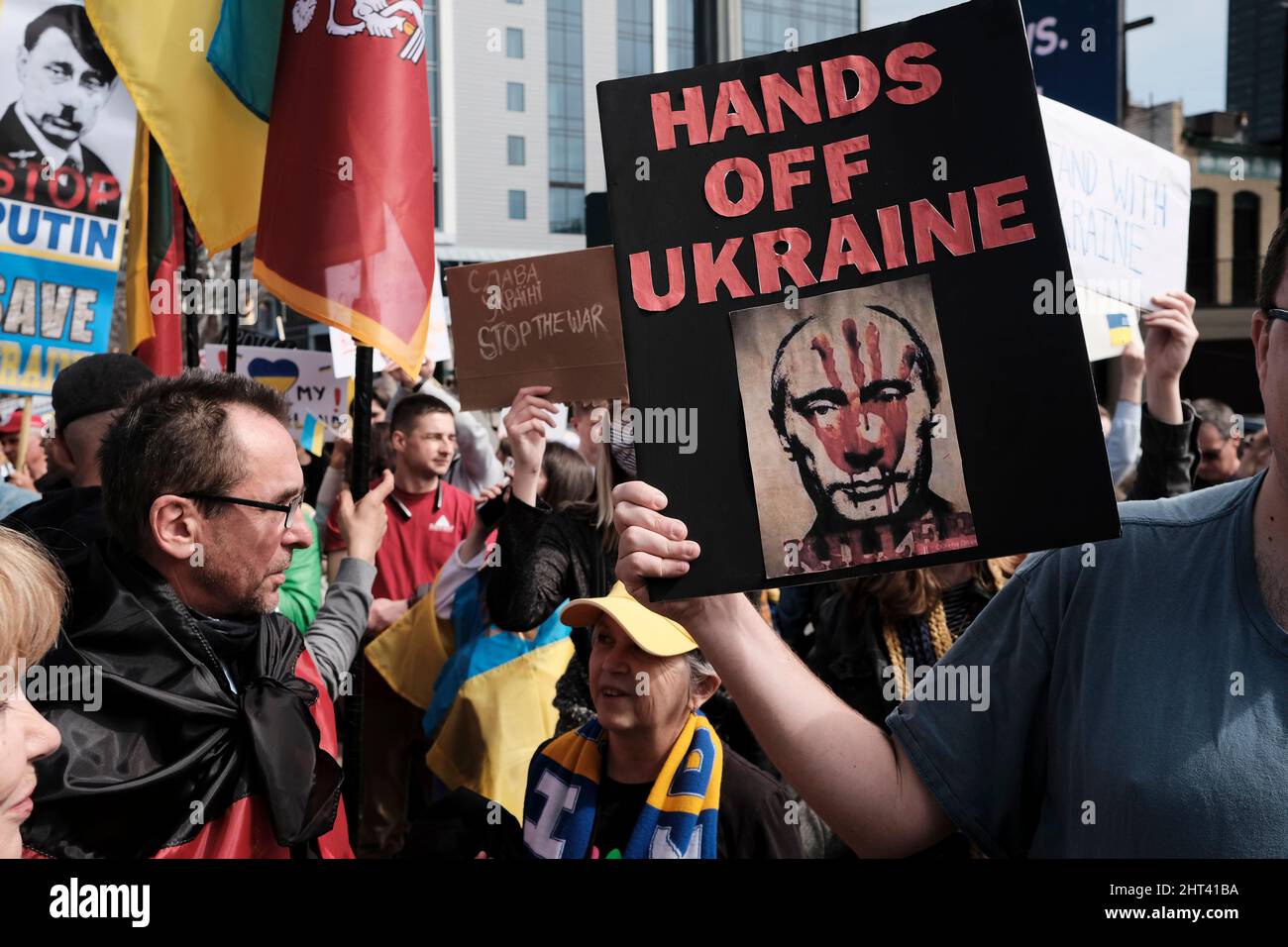 Atlanta, GA, USA. 26th Feb, 2022. A crowd of protesters in Atlanta ...
