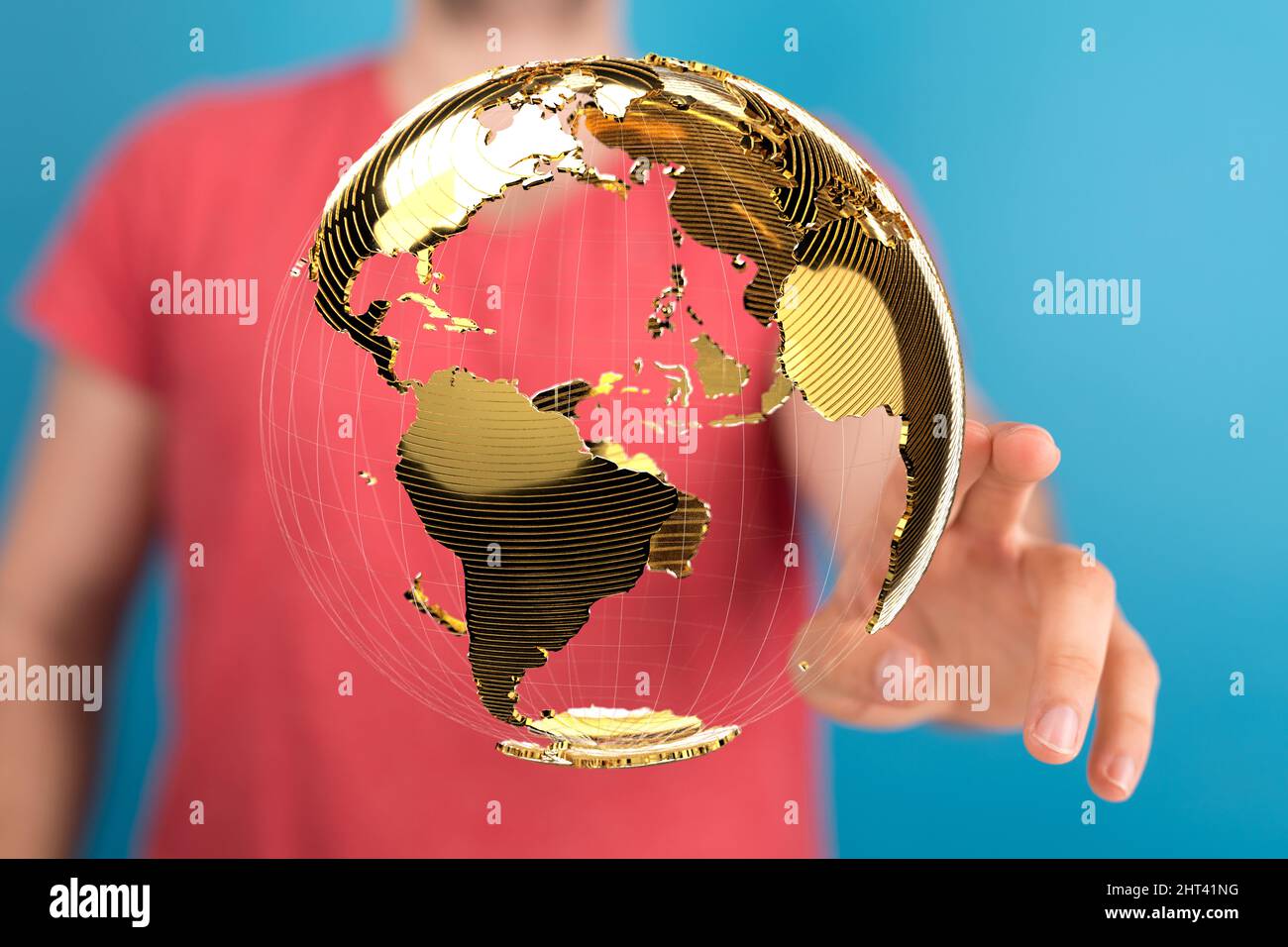 Person presenting the virtual projection of the world map with ...