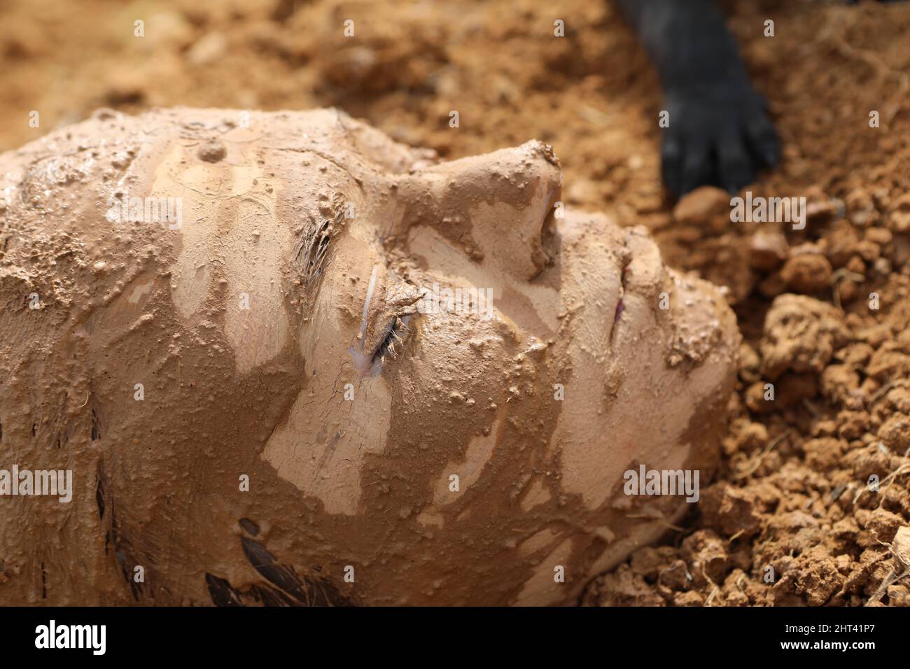 A woman buried in the ground A face covered in the ground Stock Photo ...