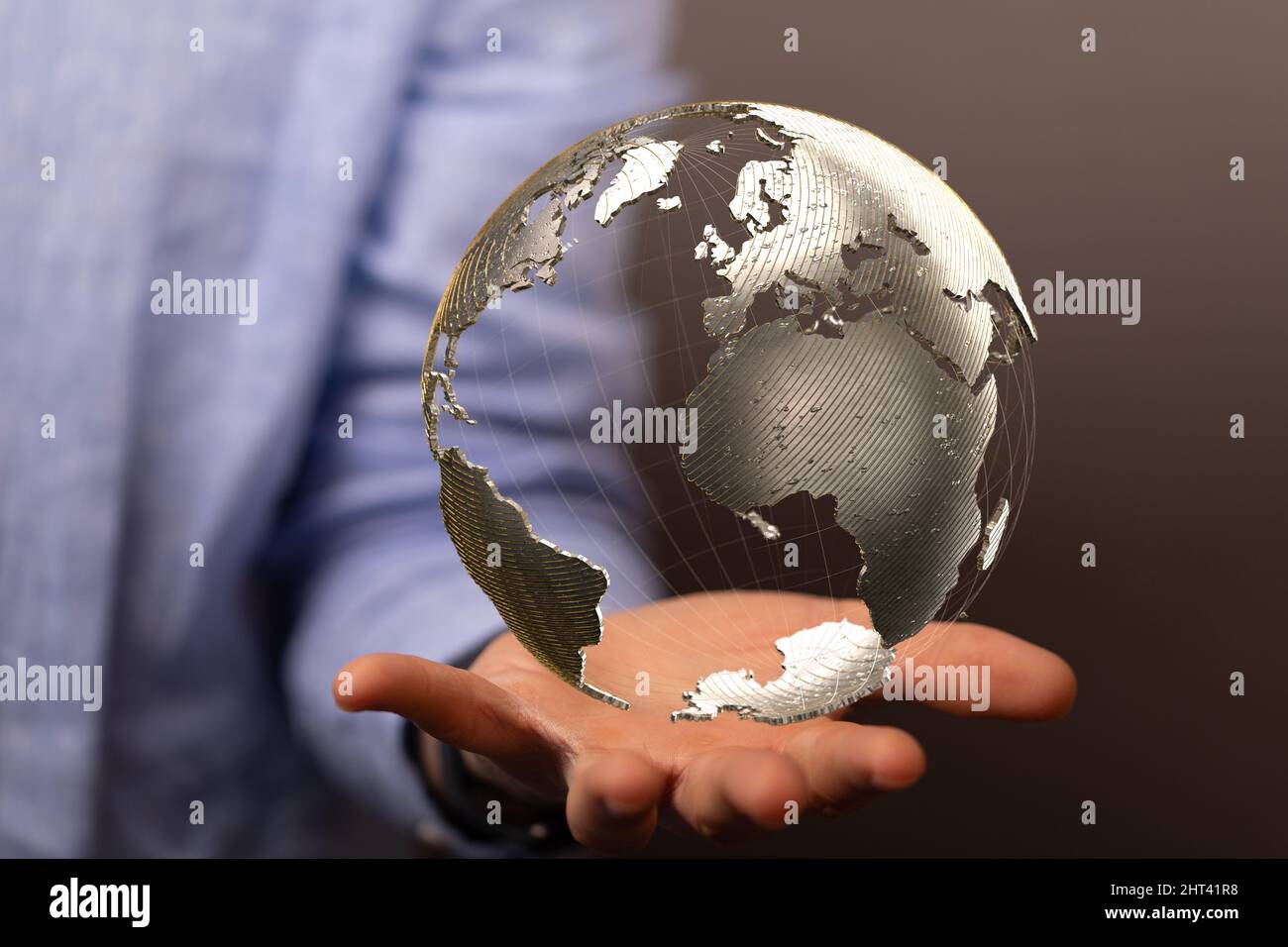 Person presenting the virtual projection of the world map with ...