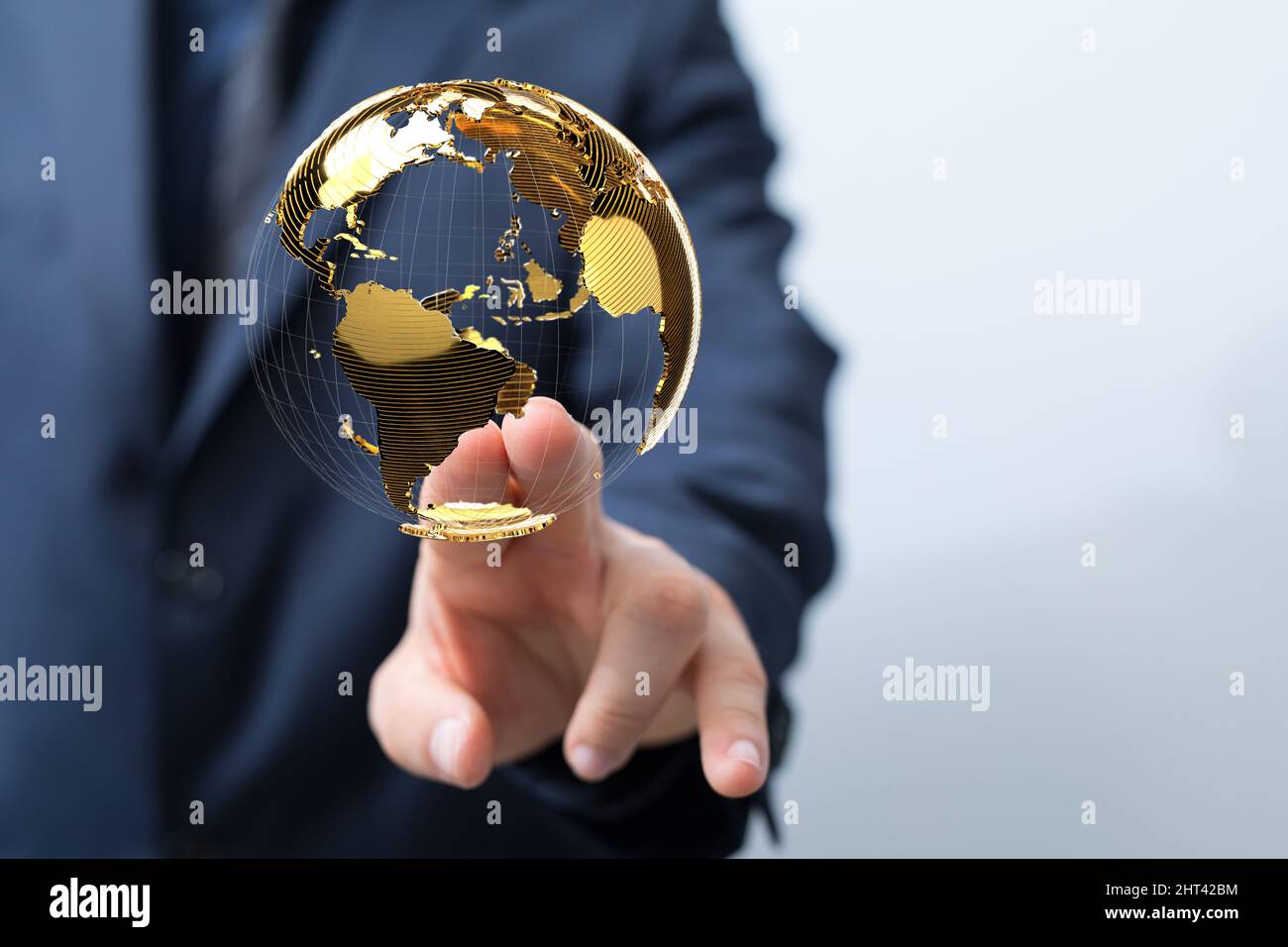 Person presenting the virtual projection of the world map with ...