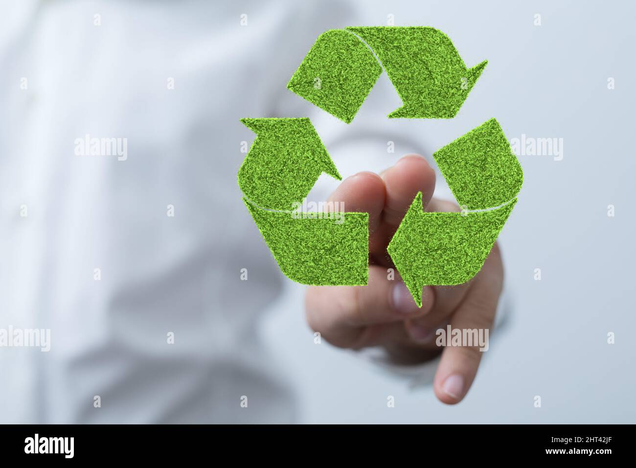 Caucasian man hand touching green recycle sign, three arrows 3D Stock ...