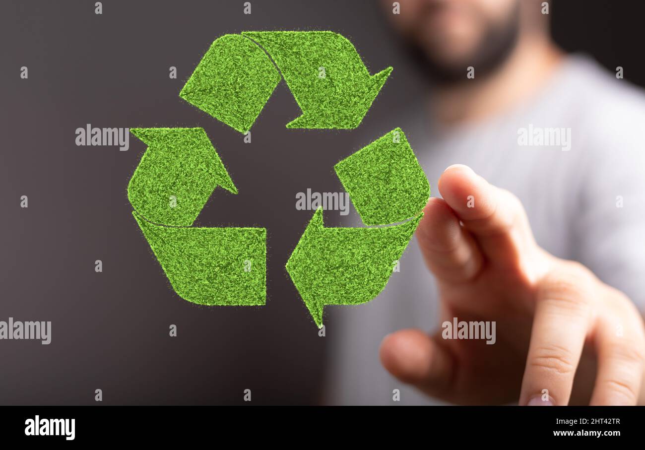 Caucasian man hand touching green recycle sign, three arrows 3D Stock ...