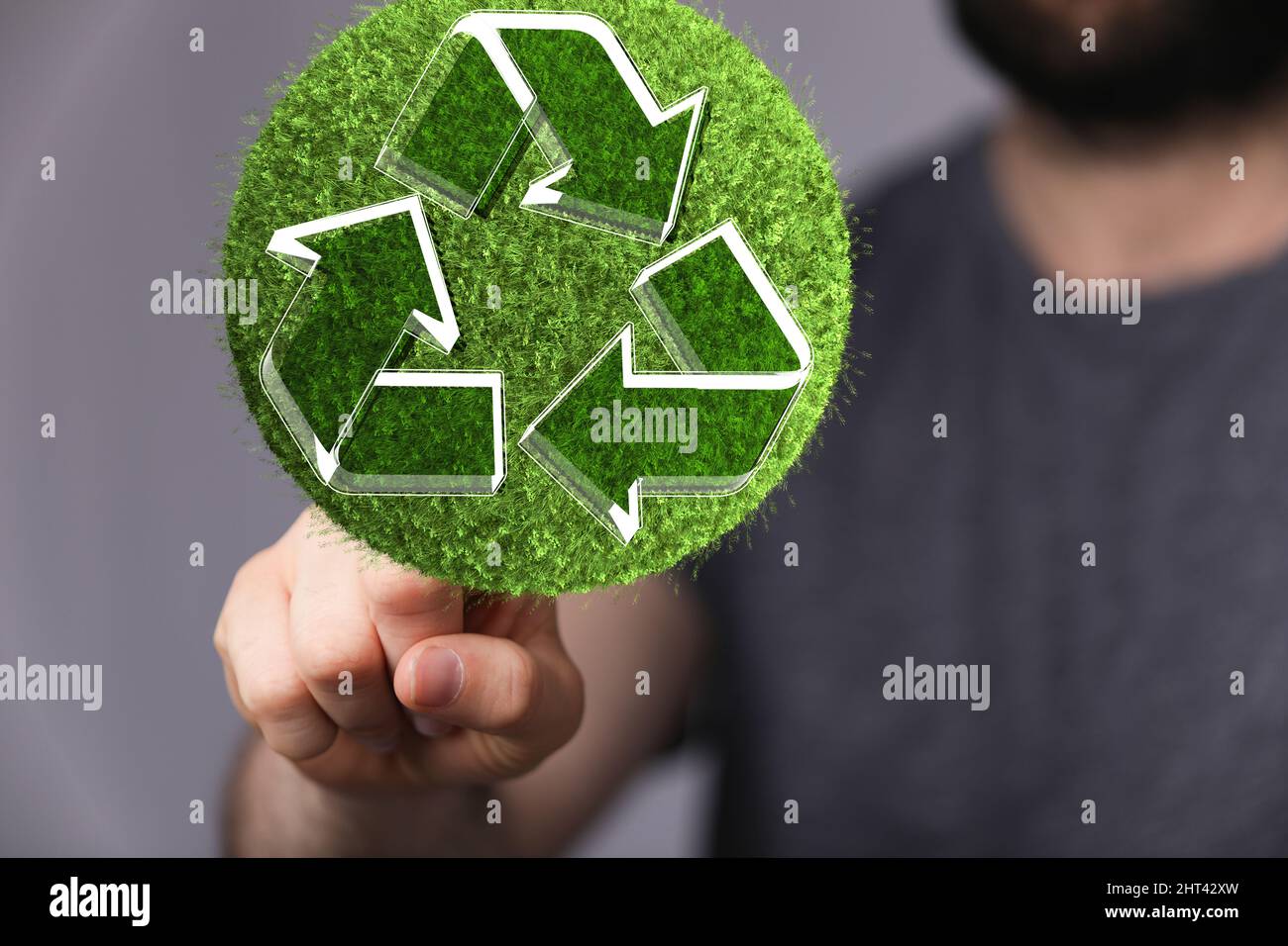 Caucasian man hand holding green recycle sign, three arrows 3D Stock ...