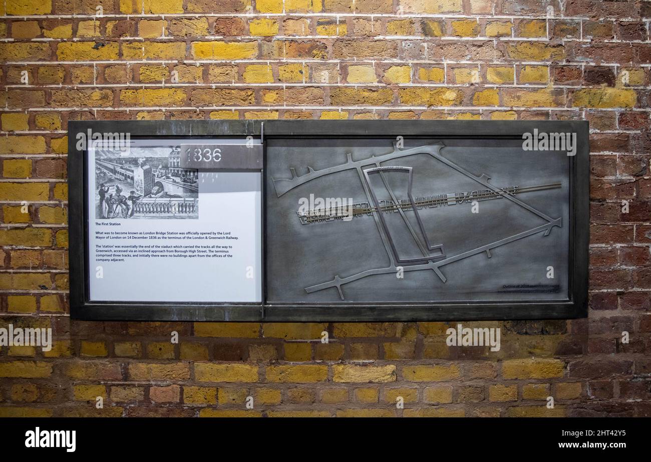 Plaque with details of the first train station at London Bridge opened ...