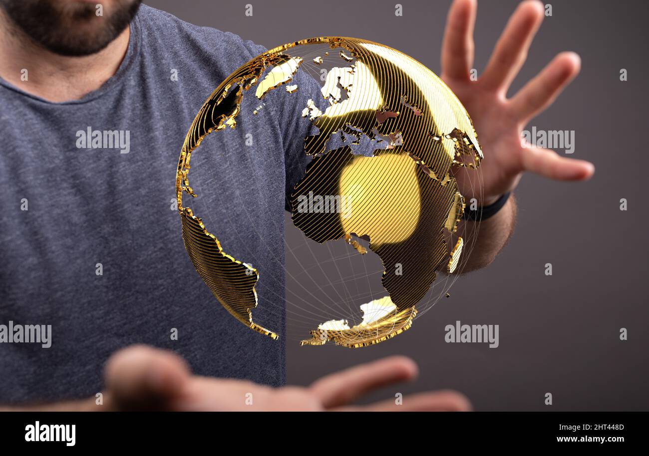 Person presenting the virtual projection of the world map with ...