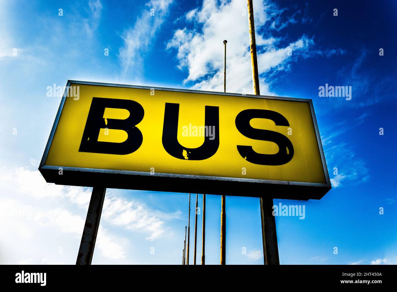 Sign of bus station for everybody on a sunny day, shot from below Stock ...