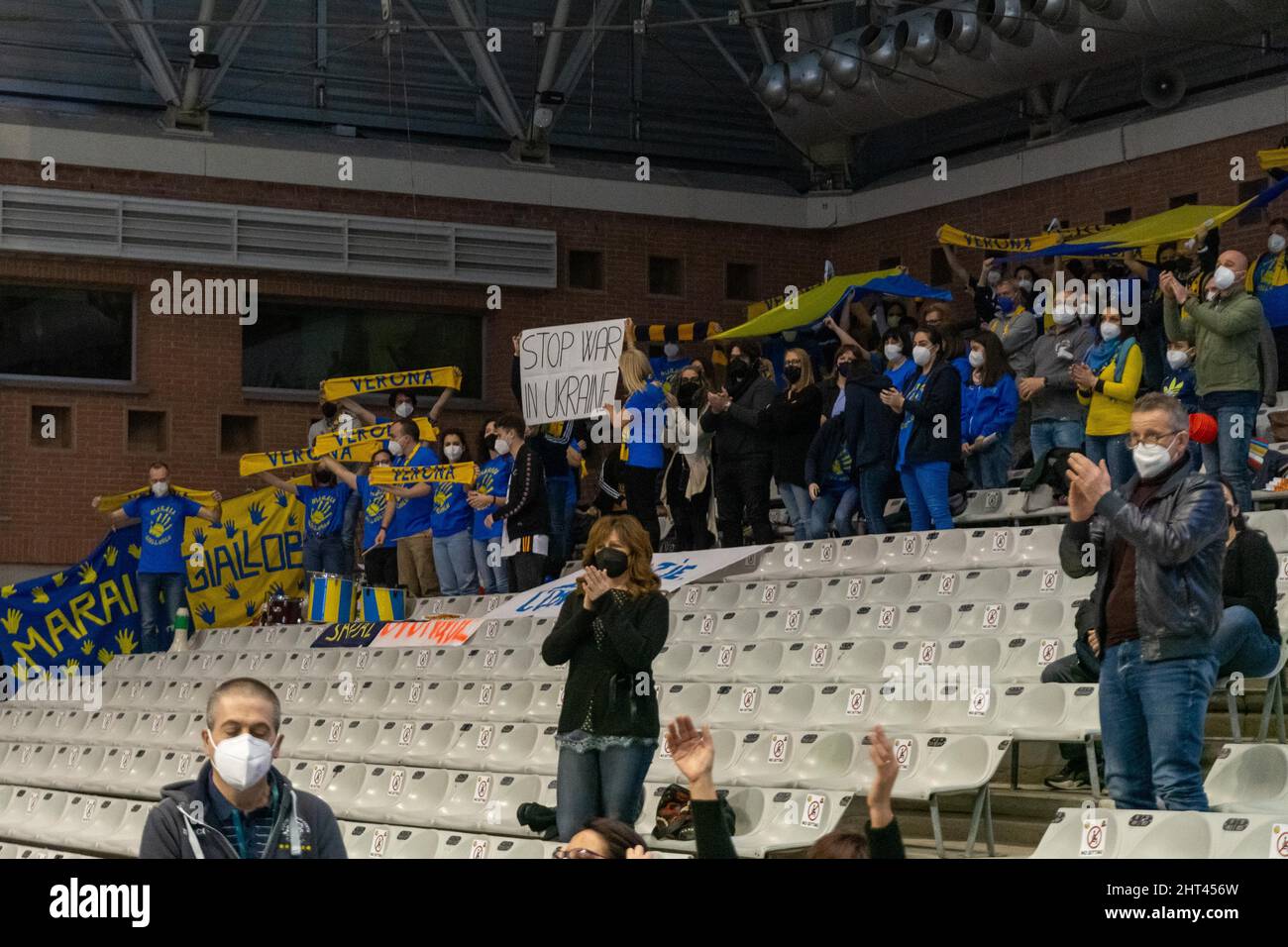 Ravenna, Italy. 26th Feb, 2022. Verona fans against war during Consar ...