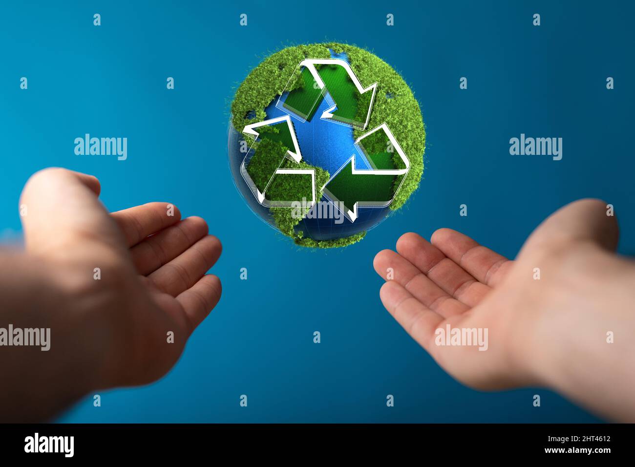 3D render of a green digital recycling sign, the concept of environment ...