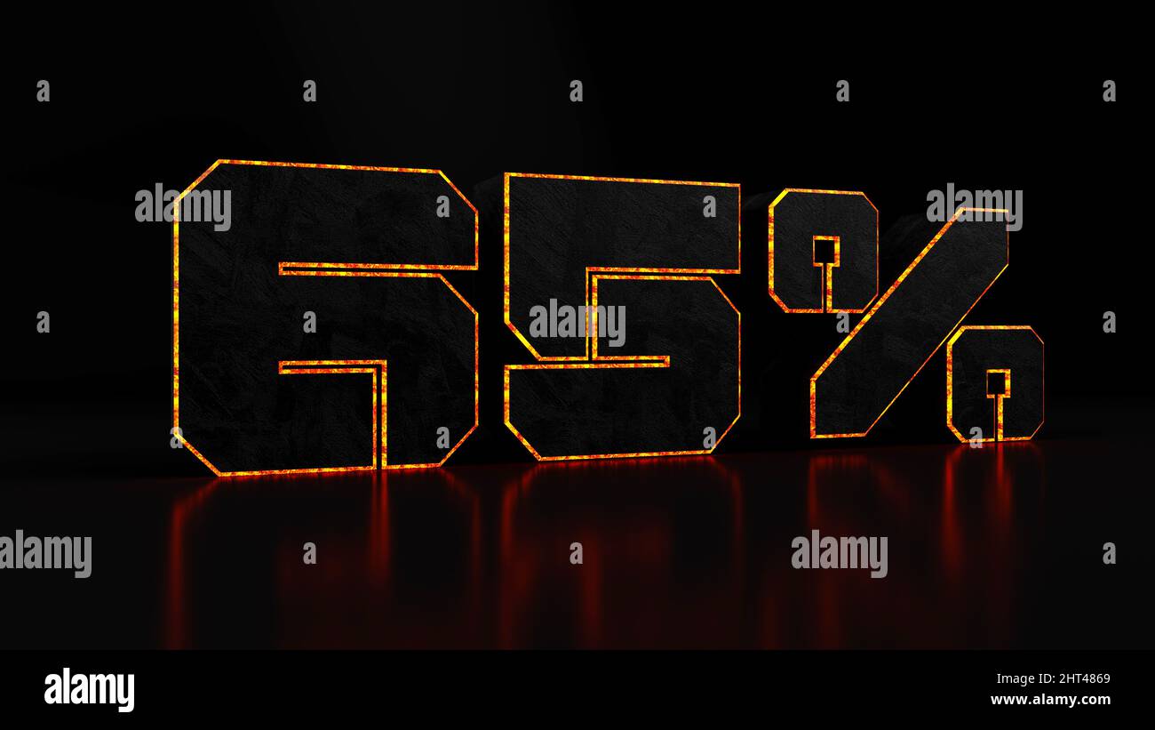 Sixty-five percent sign on a black background with golden borders and ...