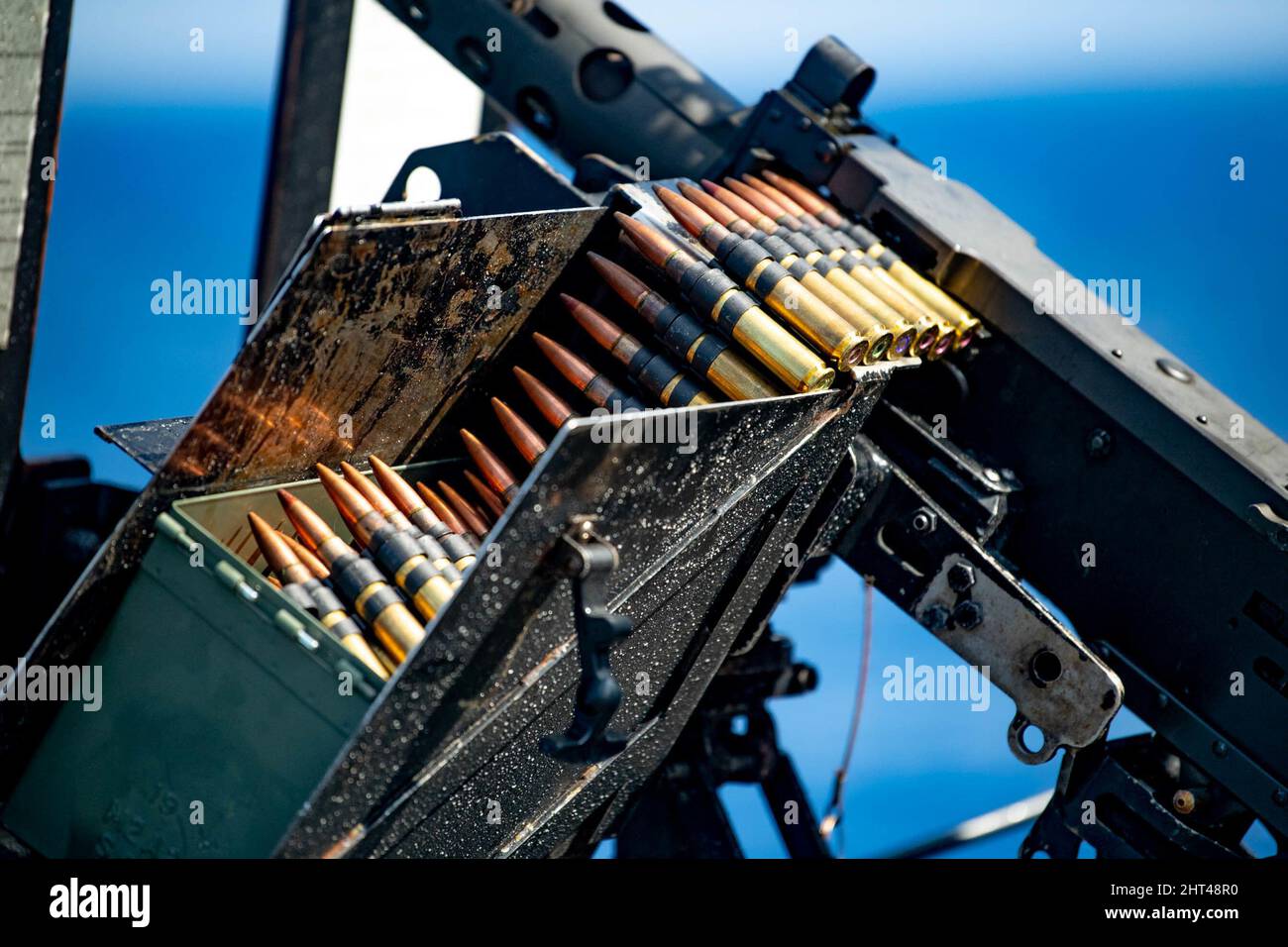 PHILIPPINE SEA (Feb. 24, 2022) A M2A1 .50 caliber machine gun is loaded ...