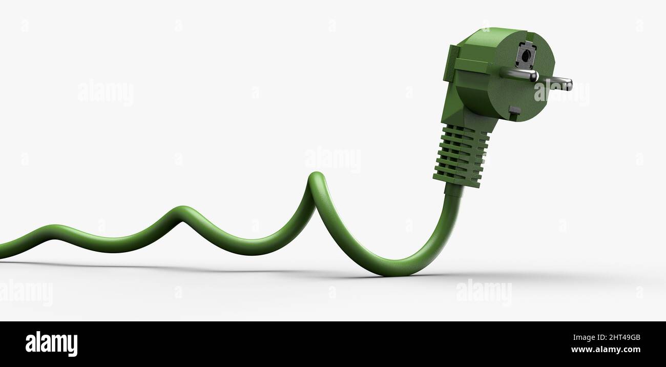 3D render of a Group green electric plug with long wires on a white ...