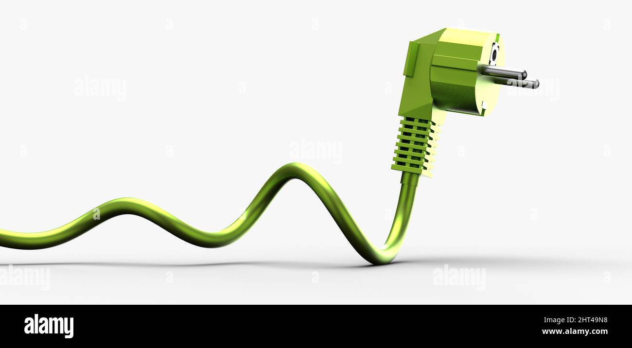 3D render of a Group green electric plug with long wires on a white ...