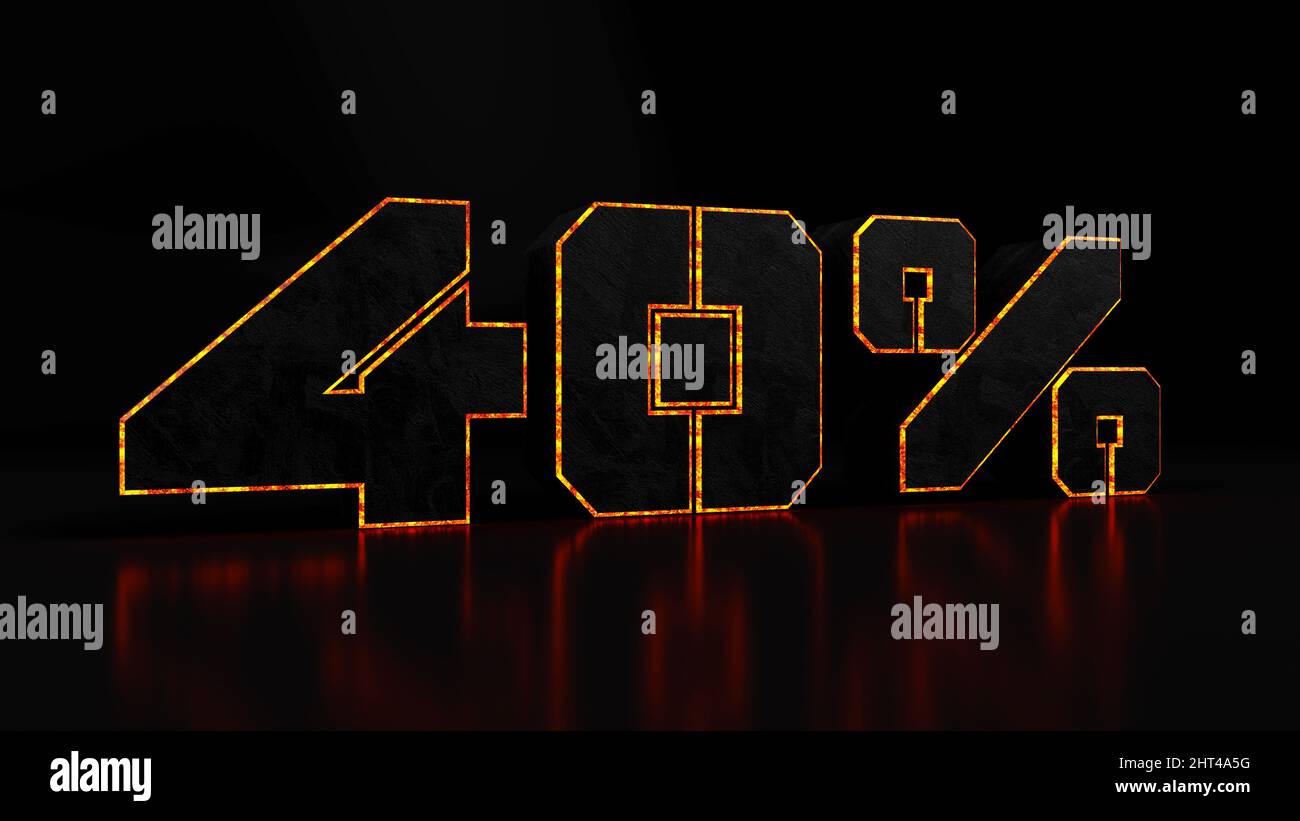 40 percent sign with golden contours and red reflection against a black ...