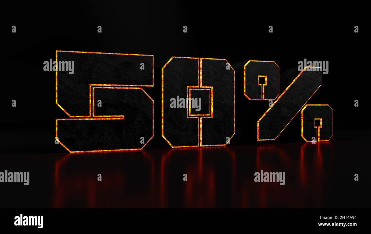 Fifty percent sign with gold borders and red reflection on a black ...
