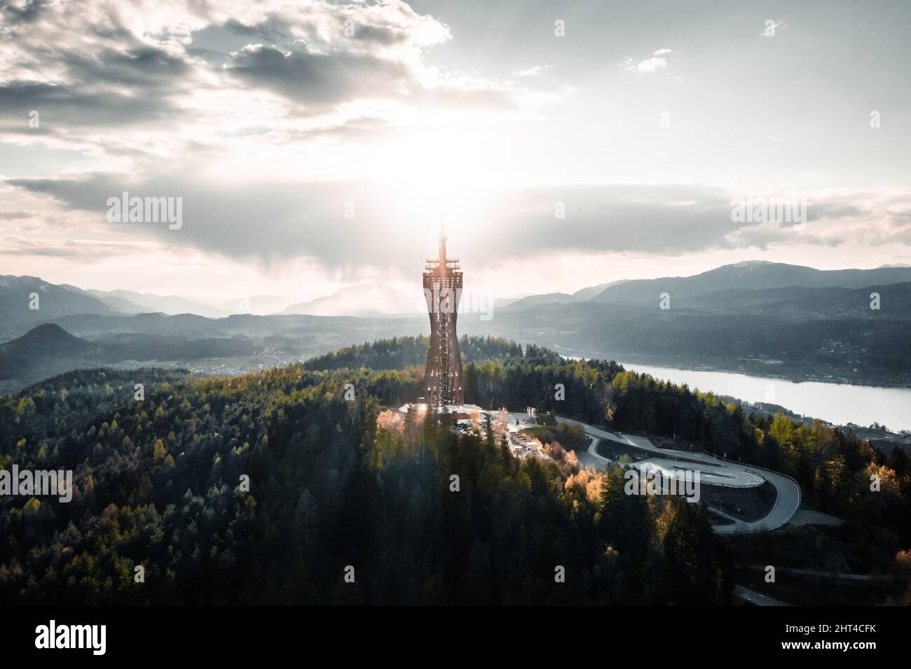 Aerial view of the Pyramidenkogel Tower in Keutschach am See, Austria ...