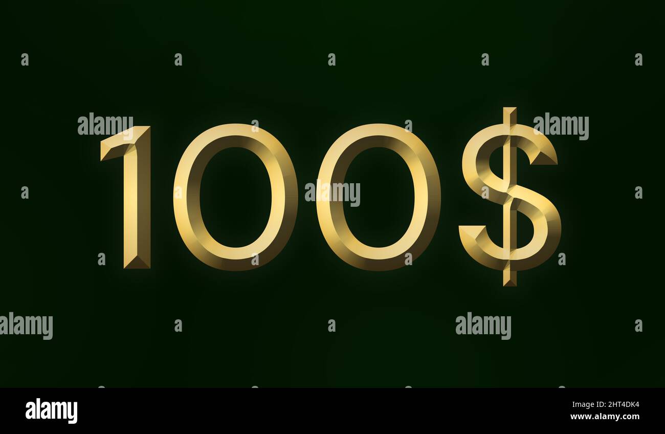 Digital render of a gold 100 dollar sign on a black background Stock ...