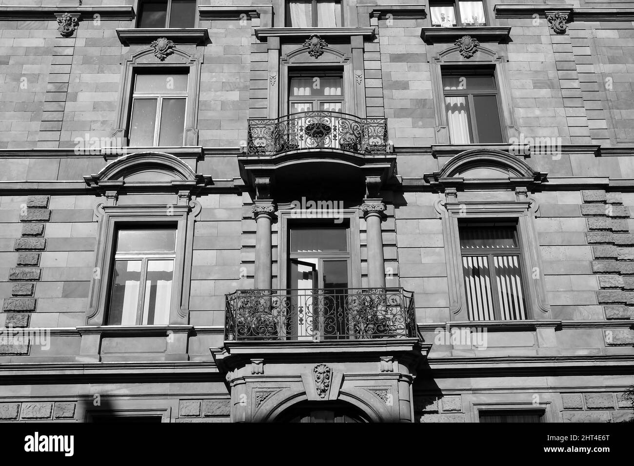 Grayscale shot of an old European-style building Stock Photo - Alamy