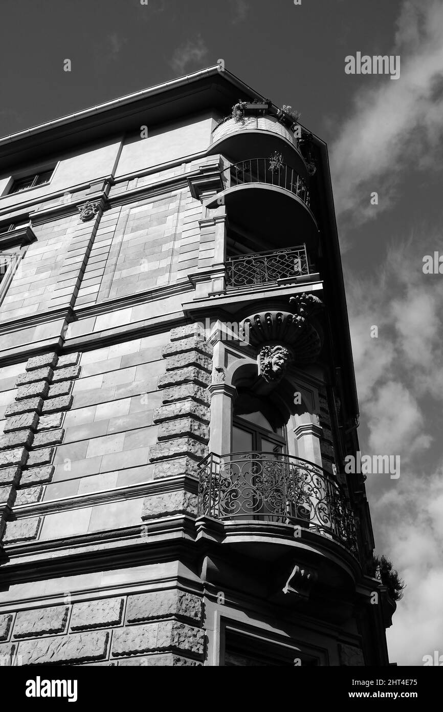Grayscale shot of an old European-style building Stock Photo - Alamy