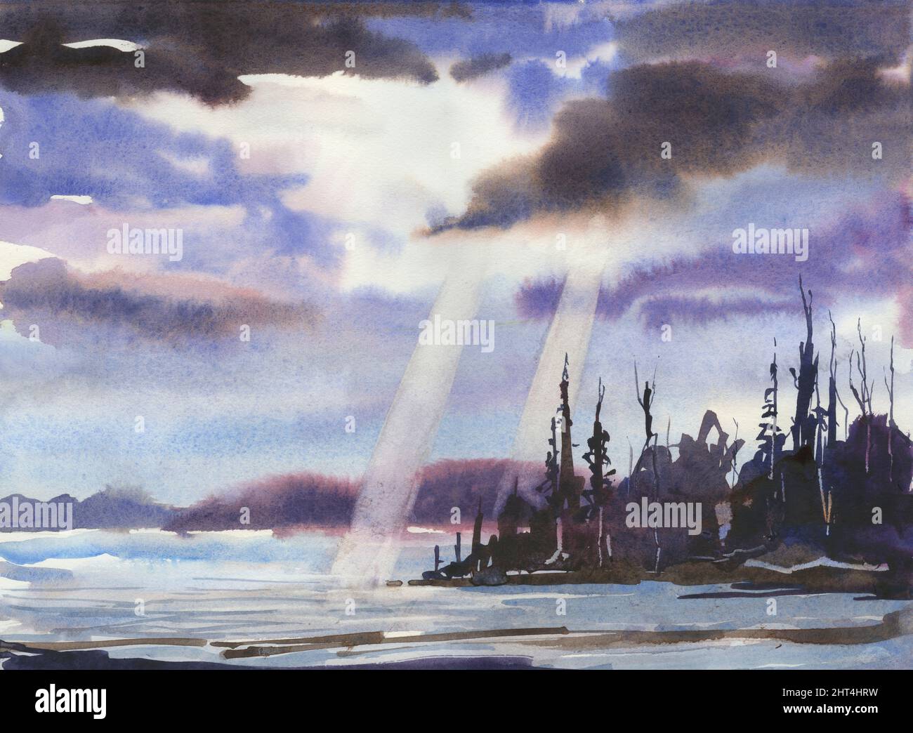 Stormy landscape painting. Watercolor painting of sun's rays breaking ...