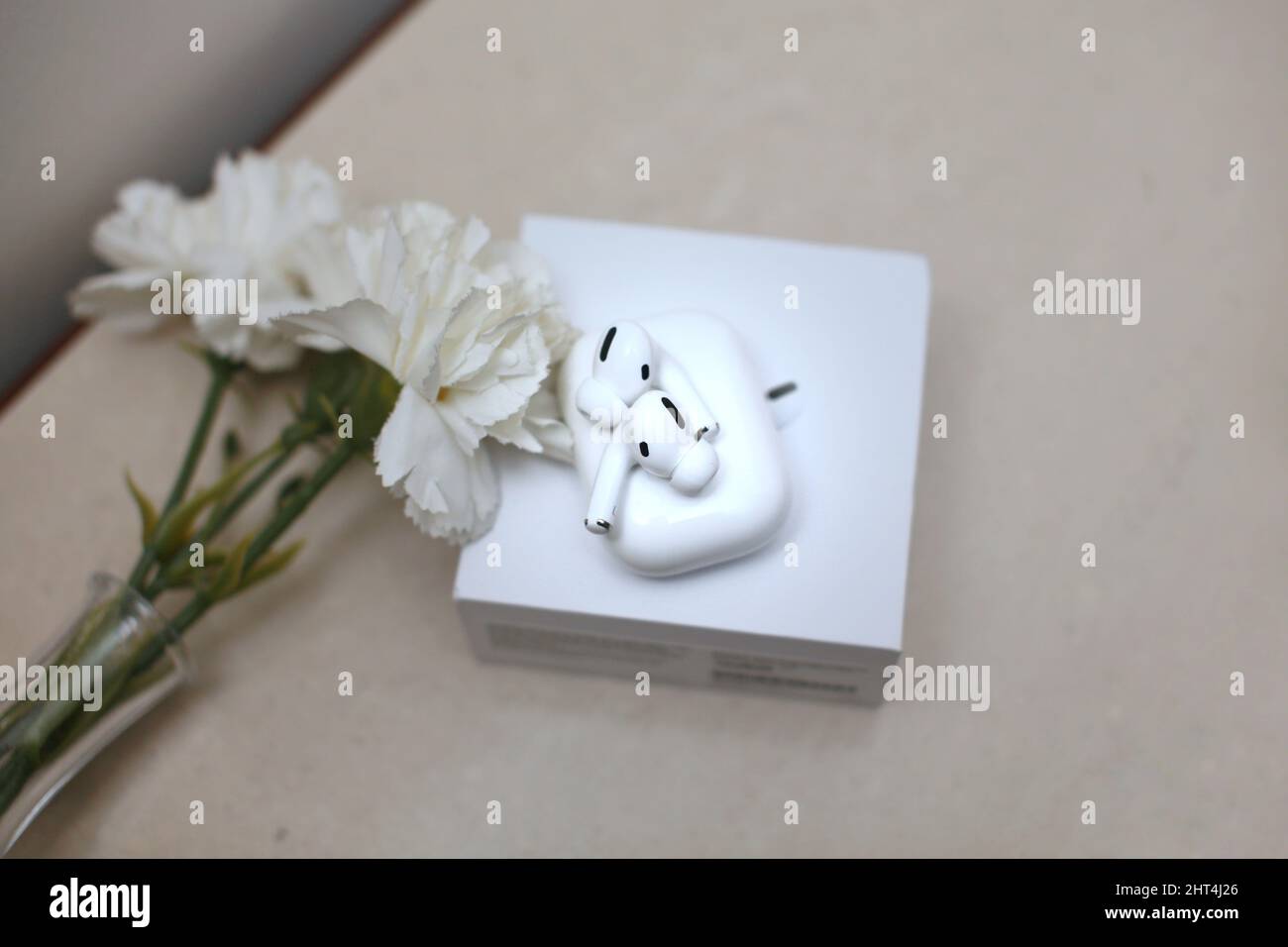 View from the top of Apple pro Airpods on its packaging on a table ...
