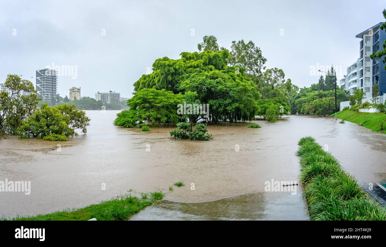 Brisbane, Australia - Feb 27, 2022: Roads flooded after the heavy rain ...