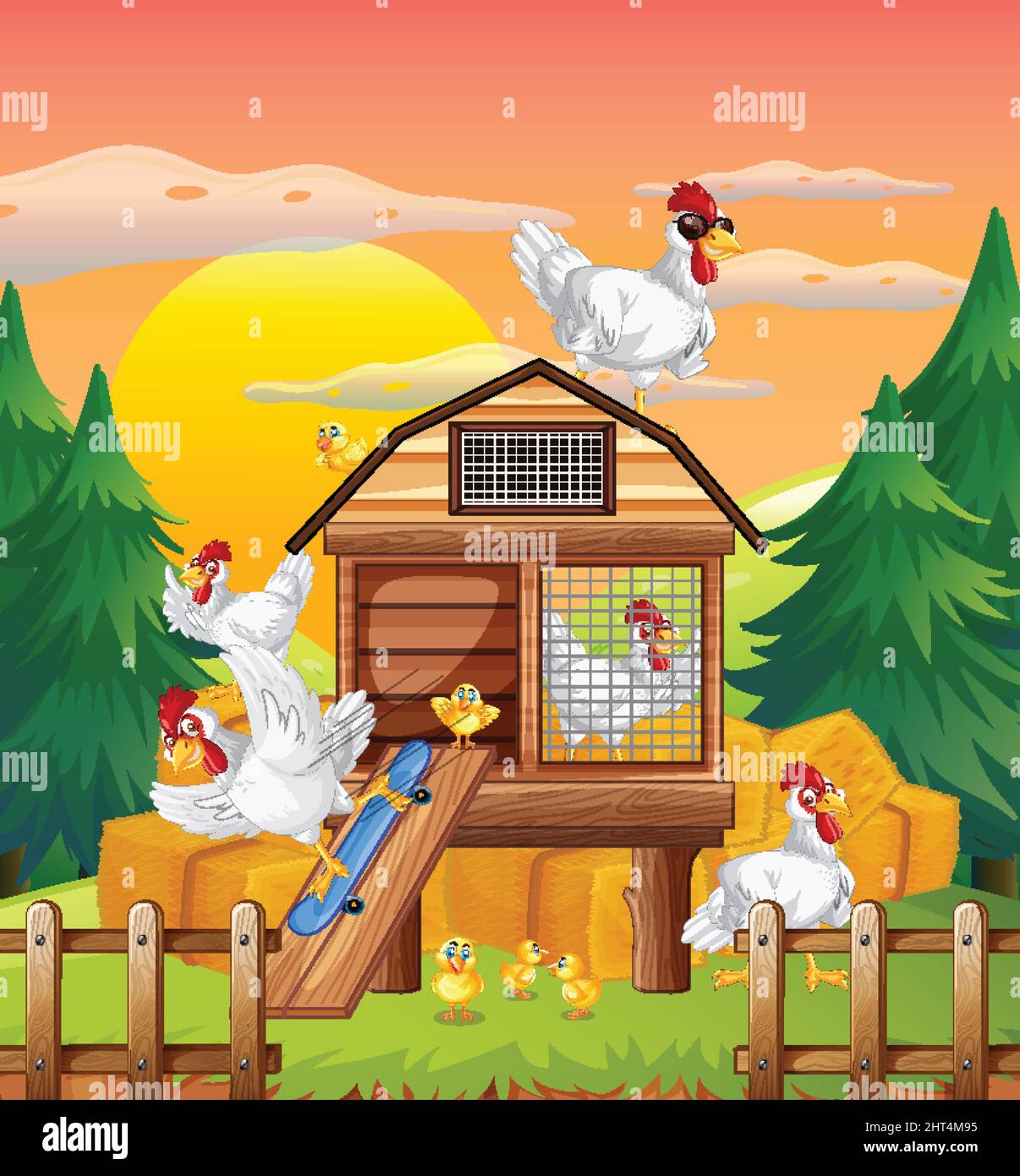 Chicken coop with chickens in the farm illustration Stock Vector Image ...