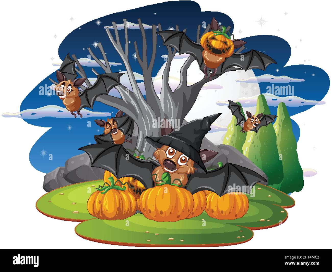 Group of bats cartoon in the forest at night illustration Stock Vector ...