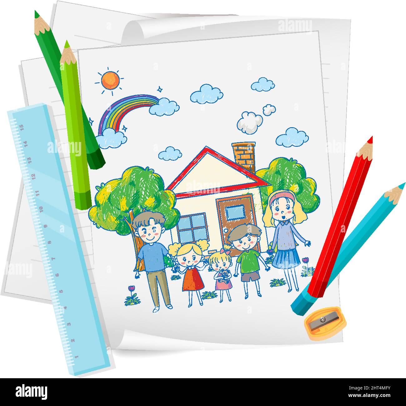 A paper with a doodle sketch design with color and colour pencils ...