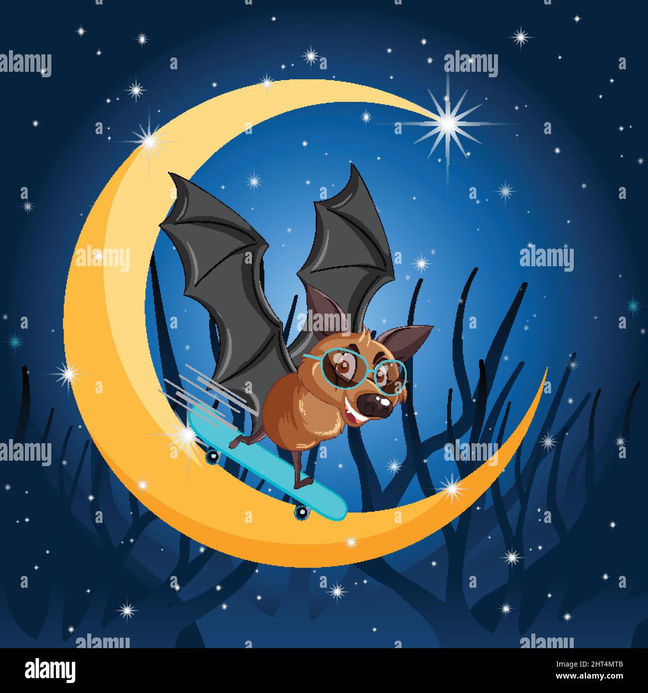 Cartoon bat with crescent moon background illustration Stock Vector ...