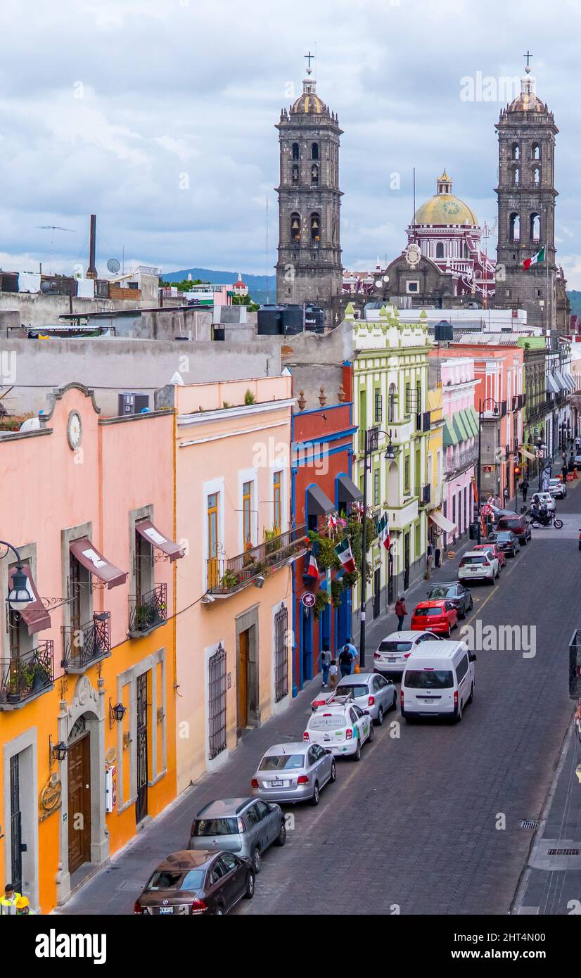 Aerial view of colonial houses in the historic center of Puebla with ...
