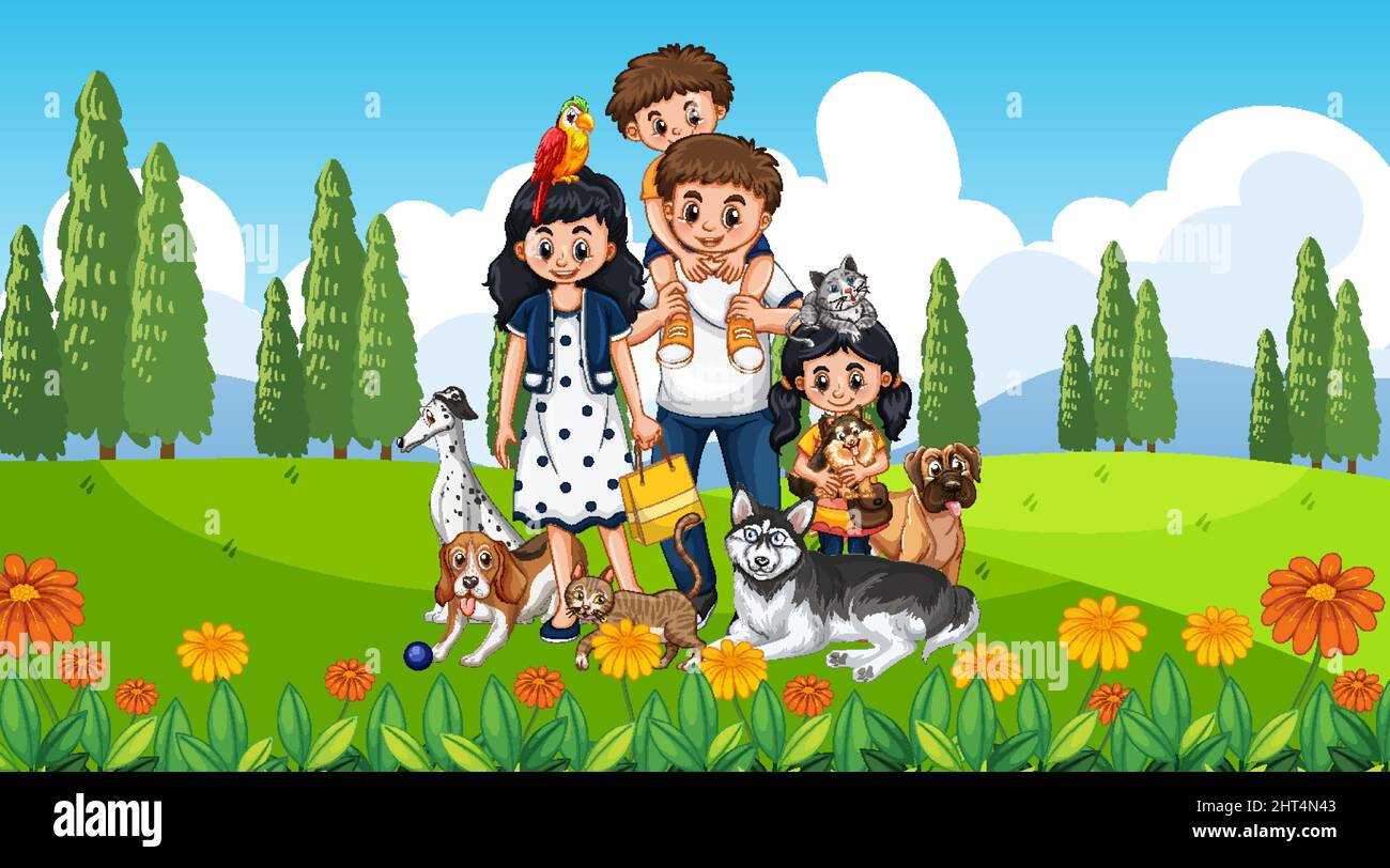 Outdoor scene with happy family and dogs illustration Stock Vector ...
