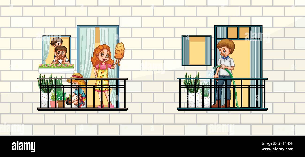 Building facade with people at the windows illustration Stock Vector ...