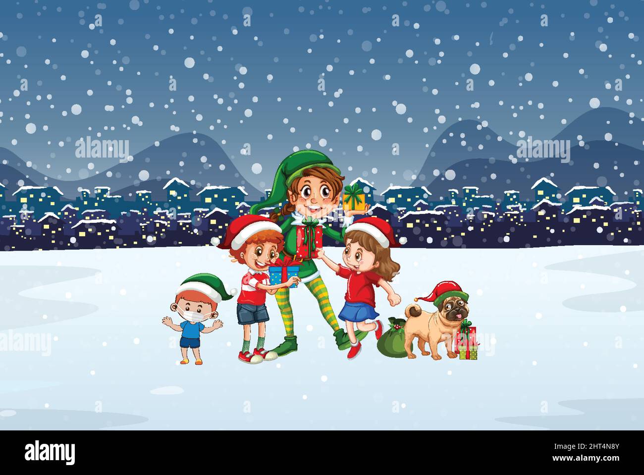 Snowy night scene with Christmas cartoon characters illustration Stock ...