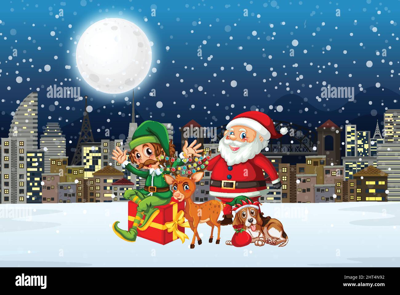 Snowy winter night with Santa Claus and elf illustration Stock Vector ...