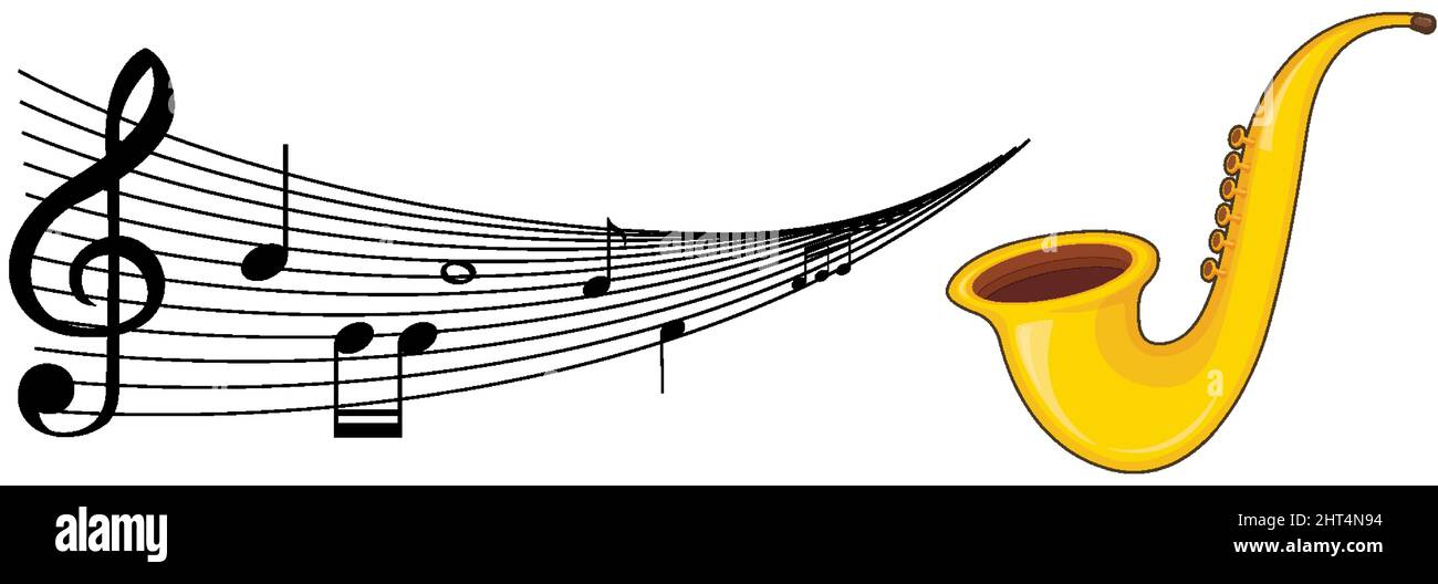 A saxophone with musical notes on white background illustration Stock ...