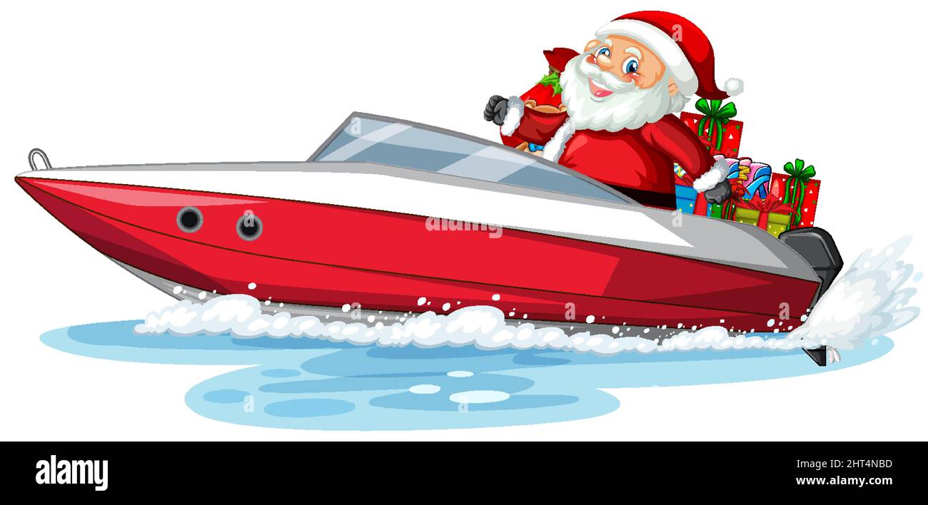 Christmas Santa on speed boat with his gifts illustration Stock Vector ...