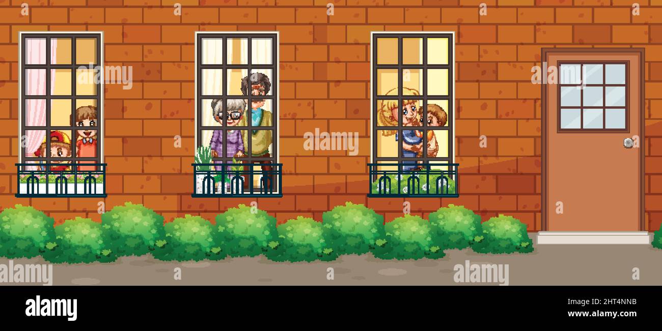 House facade with people at the windows illustration Stock Vector Image ...