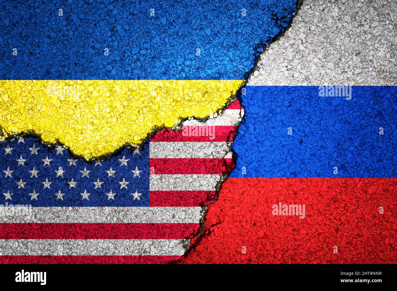 Russia ,Ukraine and USA America Nato painted flags on a wall with a ...