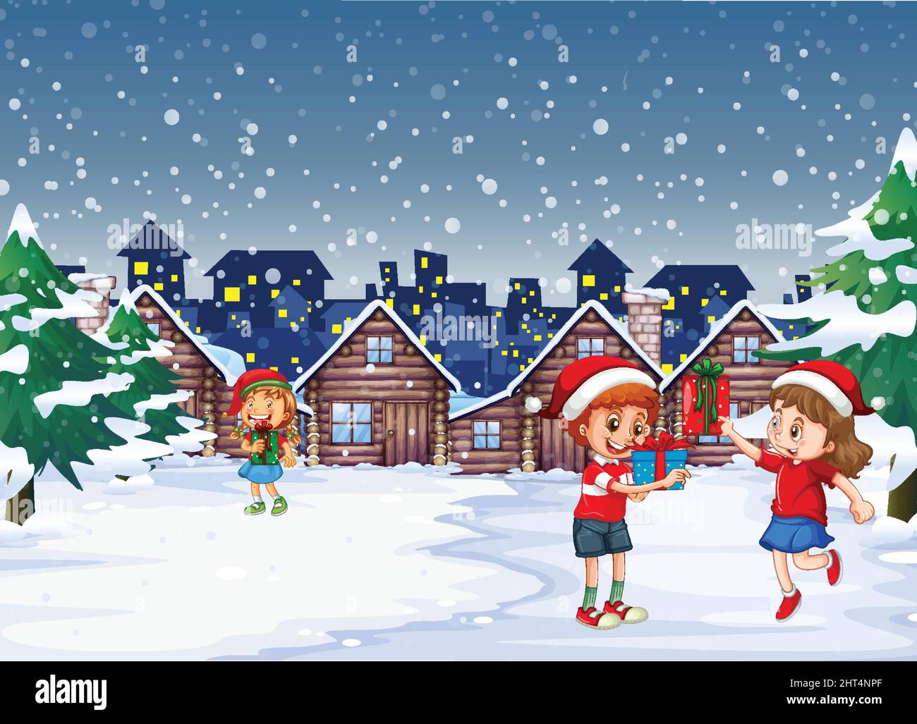 Snowy night scene with children in cartoon style illustration Stock ...
