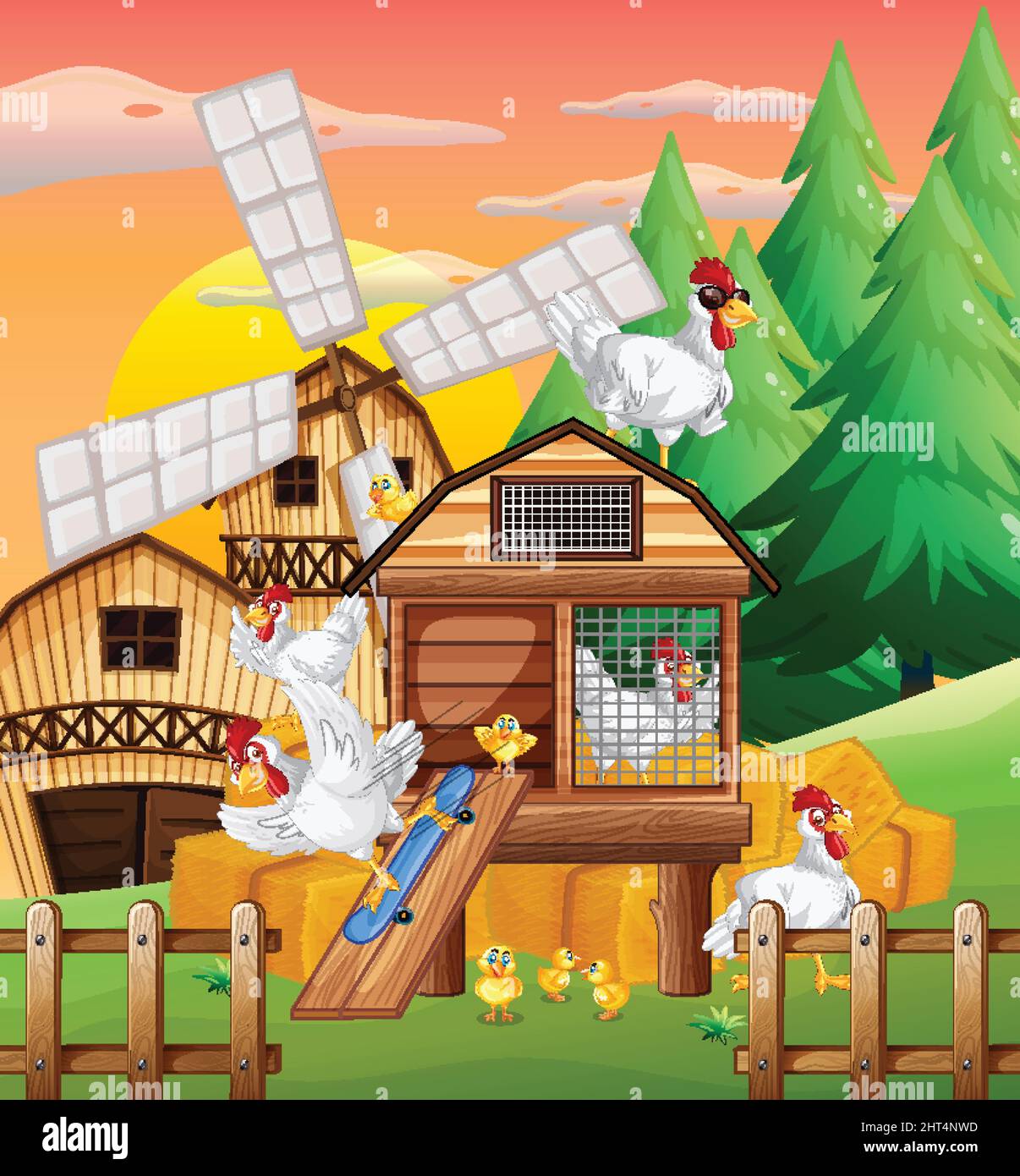 Farm scene with a group of chickens illustration Stock Vector Image ...