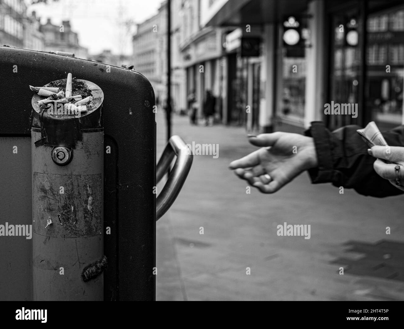 Grayscale shot of a person throwing trash into a bin on the streets of ...