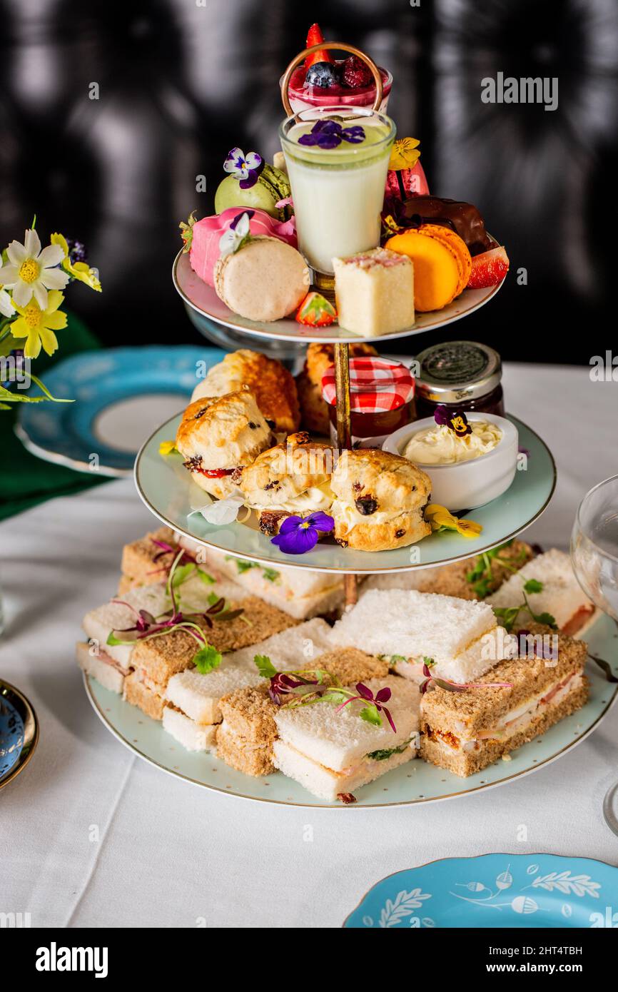 Festive table full of different appetizing desserts in the restaurant ...