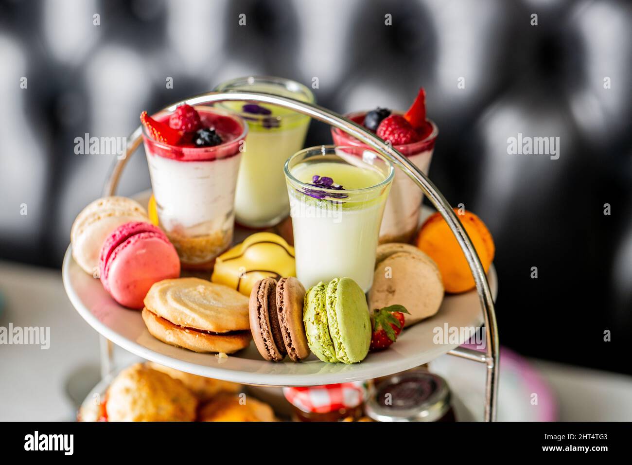 Festive table full of different appetizing desserts in the restaurant ...