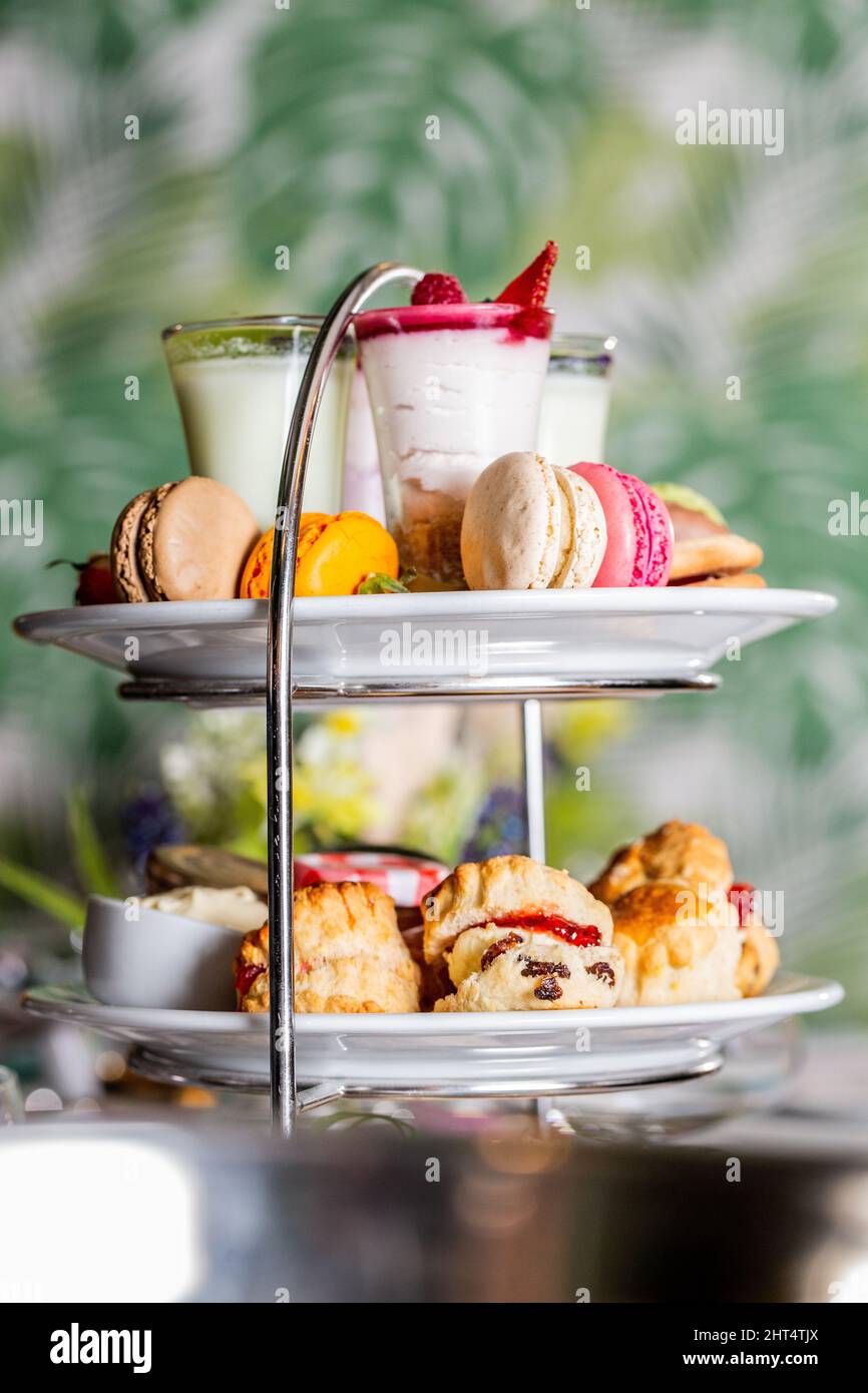 Festive table full of different appetizing desserts in the restaurant ...