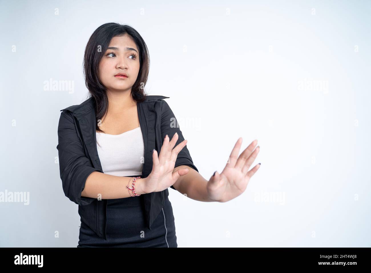 asian woman refusing with both palms gesture side a copyspace Stock ...