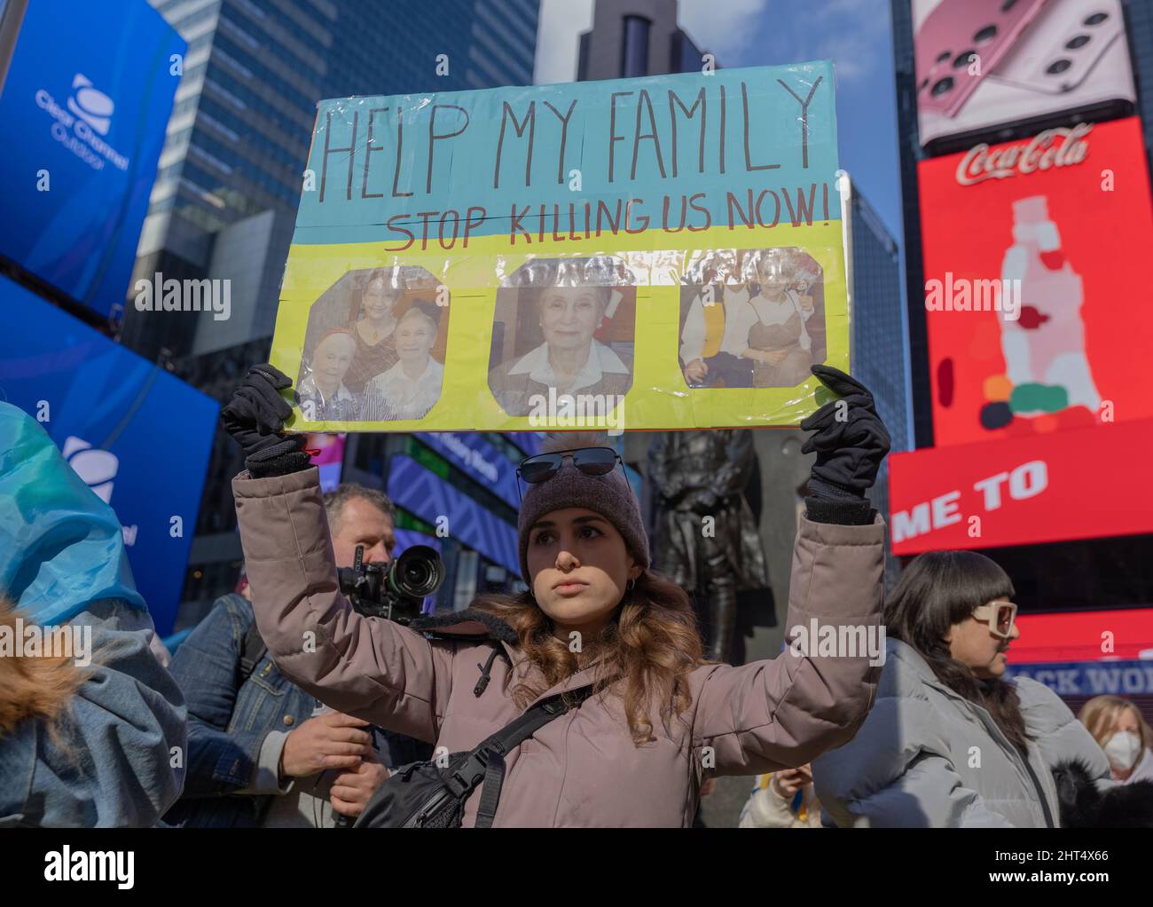 NEW YORK, N.Y. – February 26, 2022: A demonstrator in Times Square ...