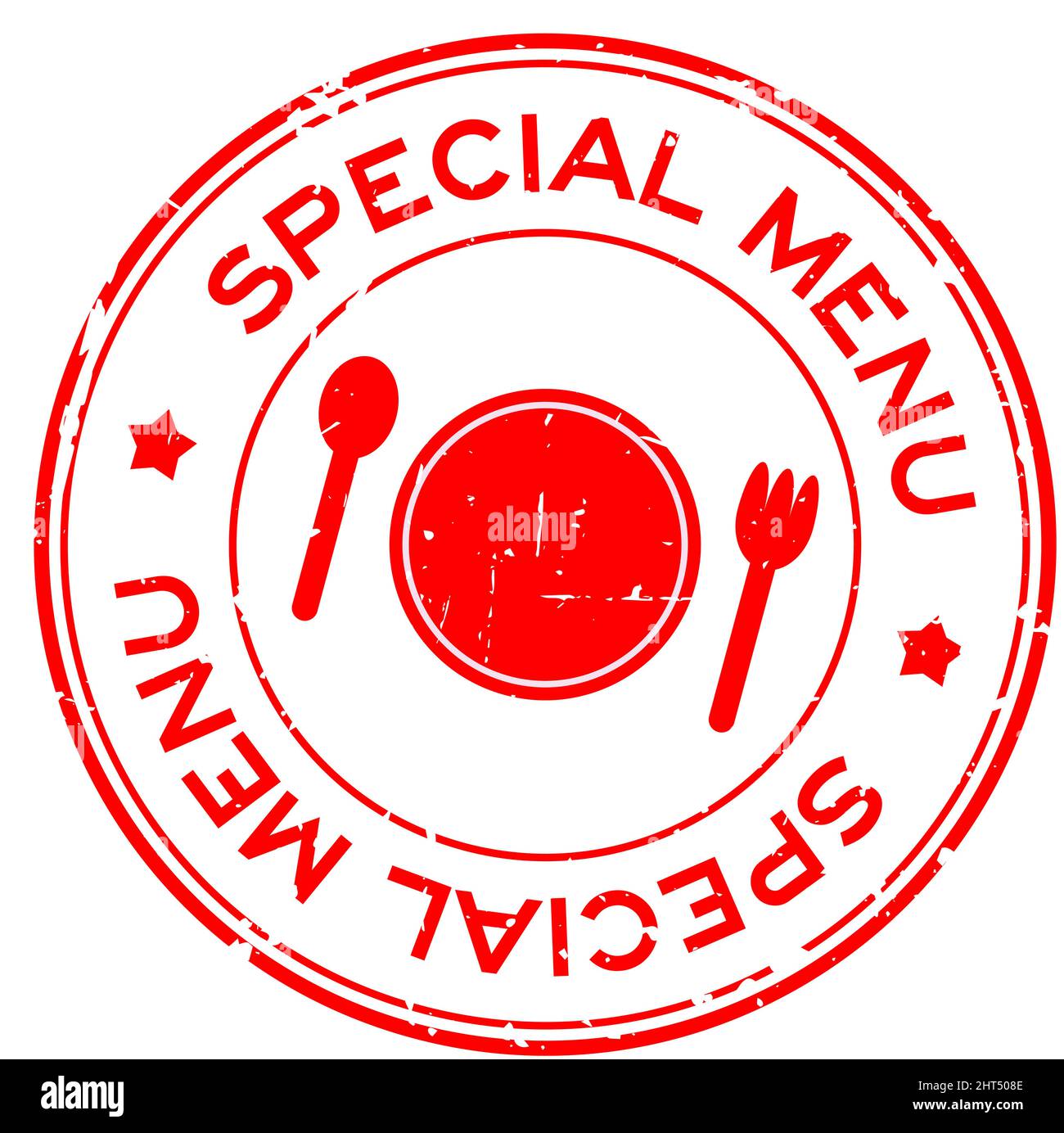 Grunge red special menu word with dish, spoon and fork icon rubber seal ...