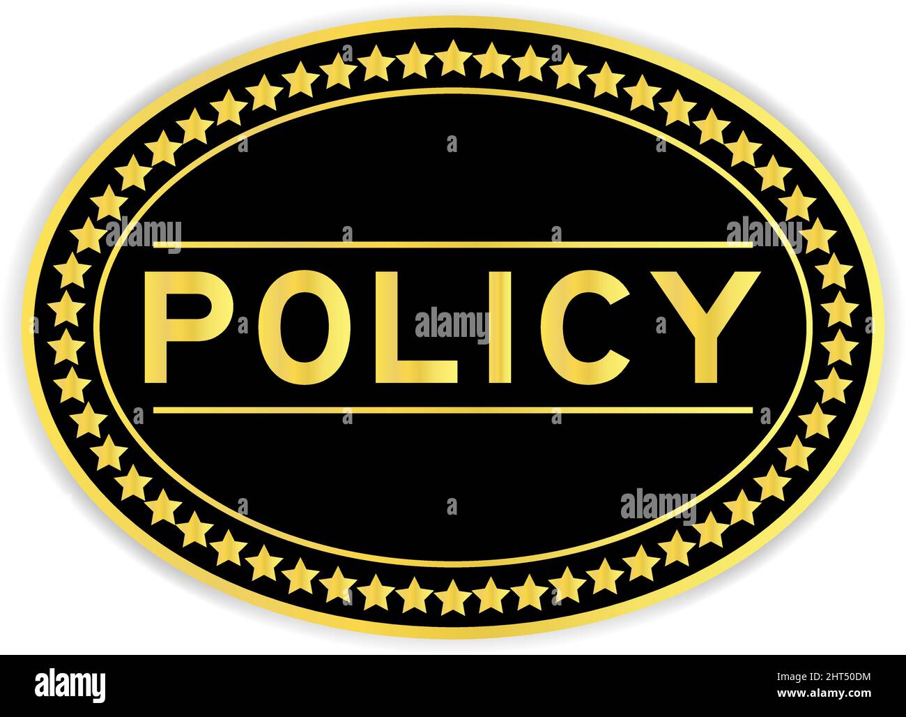 Black and gold color round label sticker with word policy on white ...